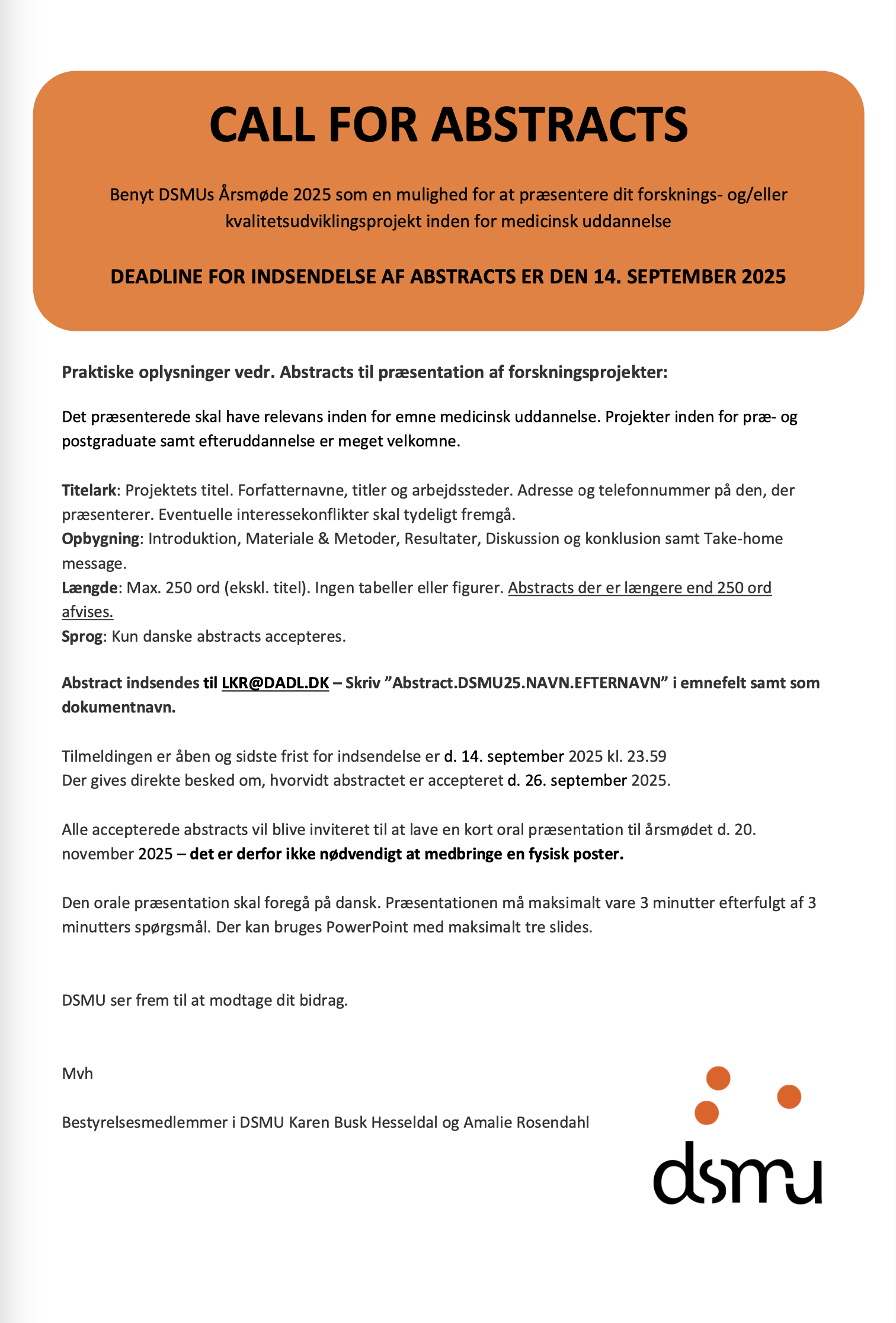 CALL FOR ABSTRACTS - DSMU